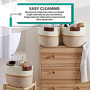 Organizix 3 Pack Woven Cotton Rope Shelf Storage Basket with Leather Handles, Baby Nursery Storage Bin Organizers, Closet Shelf Storage - 15 x 10 x 9, White/Brown