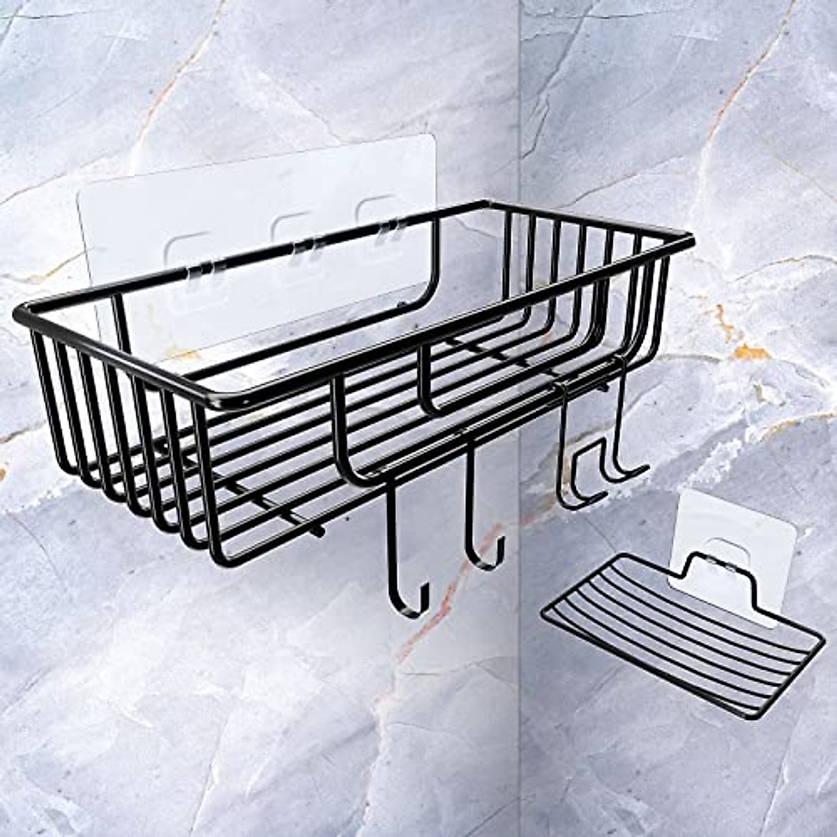 ToCofy Shower Caddy Bathroom Shelves Organizer Stainless Steel Shower Shelf Adhesive Kitchen Storage Rack with Soap Dish Razor and Towel Hooks(Black)