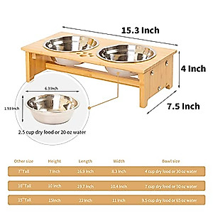 FOREYY Raised Pet Bowls for Cats and Small Dogs, Bamboo Elevated Dog Cat Food and Water Bowls Stand Feeder with 2 Stainless Steel Bowls and Anti Slip Feet (4'' Tall-20 oz Bowl)