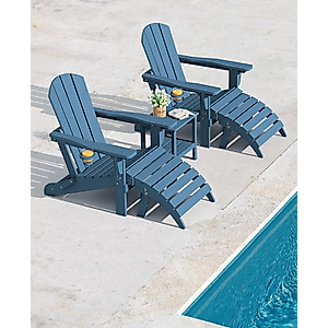 SERWALL 5-Piece Adirondack Chair and Ottoman and Table Set, HDPE Weather Resistant Adjustable Backrest Adirondack Chair with Ottoman and Side Table, Navy