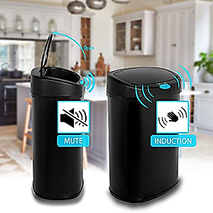HCB Trash Can Automatic Waste Bin Mute Metal Garbage Can with Lid Stainless Steel 13 Gallon 50 Liter for Kitchen | Office | Bedroom | Bathroom | Living Room (Black)