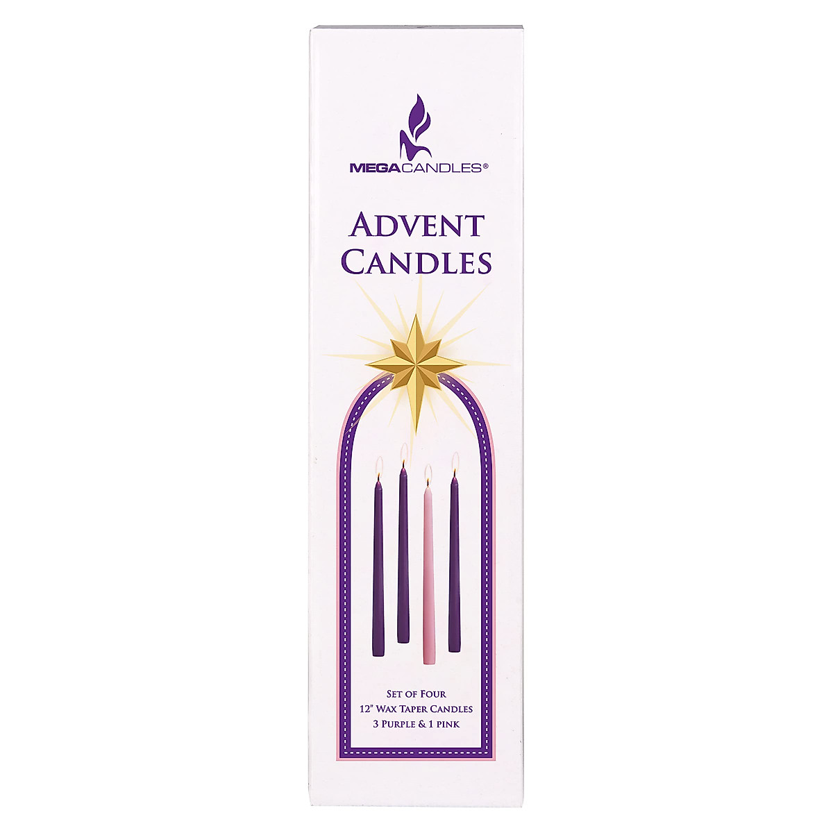 Mega Candles 4 pcs Unscented Christmas Advent Candles Set, Hand Poured Premium Wax Taper Candle 12 Inch x 7/8 Inch, Holidays, Celebrations, Devotional, Church, Wreath, Party, Gifts