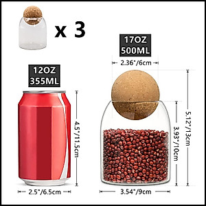 RHBLME 3 Pack Glass Storage Containers with Ball Cork, 17 Oz/500ML Glass Jar with Cork Lid, Round Cork Glass Bottle, Small Candy Jar with Wood Ball Lid for Food, Coffee, Sugar, Spice, Tea, etc