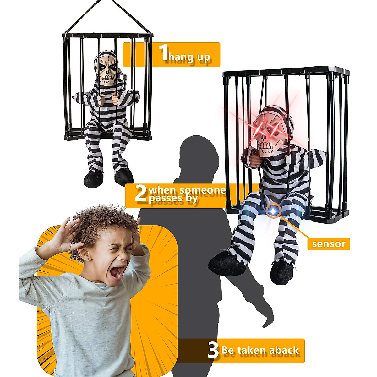 CRILEAL Skeleton Animated Halloween Decorations, Screaming Halloween Decor with Motion Activated & Light Sensor, Spooky Prisoner Cage with Spider Web Haunted House Decorations, Ghost with Hat