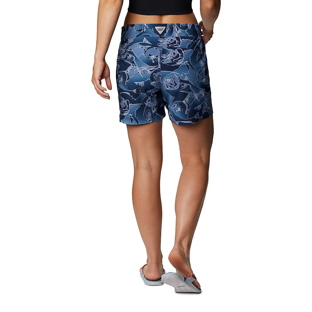 Columbia Women’s PFG Tidal II Shorts, Stain Resistant, Sun Protection, Collegiate Navy Fish Frenzy Print, X-Small
