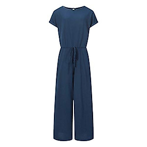 Mitiy Women's Short Sleeve Loose Wide Legs Casual Jumpsuits with Pockets