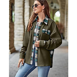 Bozanly Womens Waffle Knit Plaid Patchwork Shirts Lounge Loose Button Down Shacket Jacket Tops(0815-ArmyGreen-L)