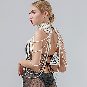 CCbodily Pearl Body Chain Bra - Fashion Shoulder Necklaces Bra Chain Body Jewelry(E-WHITE)