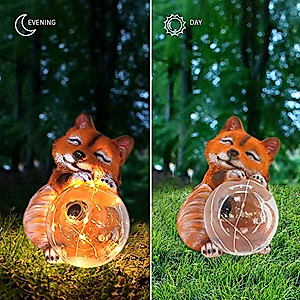Garden Décor Cute Fox Sculptures & Statues Cat Figurine Holding Magic Ball with Solar LED Lights, Perfect Yard Gift Solar Garden Decoration for Patio Landscape Lawn Porch, Ornament (Fox)