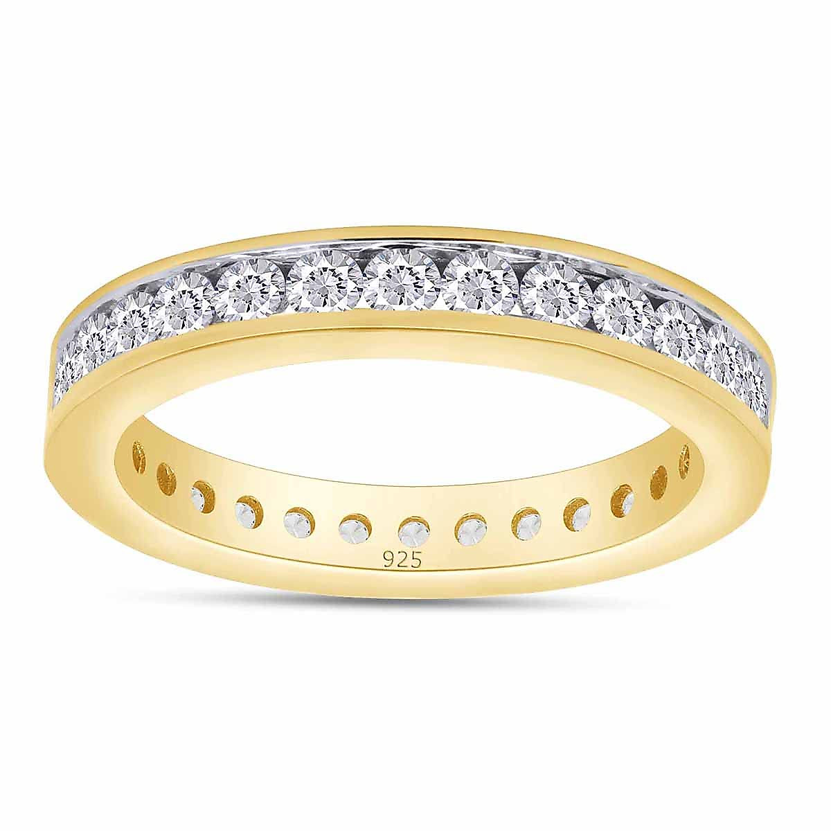 SAVEARTH DIAMONDS 1 Carat Round Cut Lab Created Moissanite Diamond Eternity Stackable Wedding Band Ring In 14K Yellow Gold Plated 925 Sterling Silver Jewelry 1 1/2 Cttw Ring Size -5.5