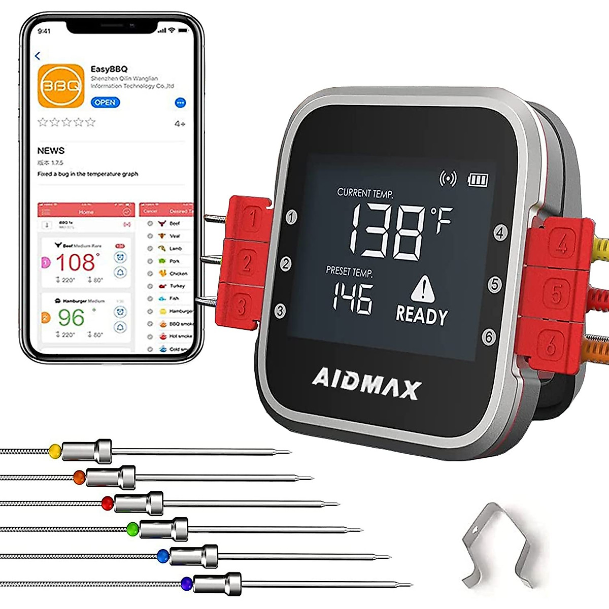 Bluetooth Meat Thermometer for Smoker Oven Grill, Smart Wireless Grill Thermometer for Grilling and Smoking, Remote Phone APP BBQ Thermometer with 6 Meat Probes AidMax WR01