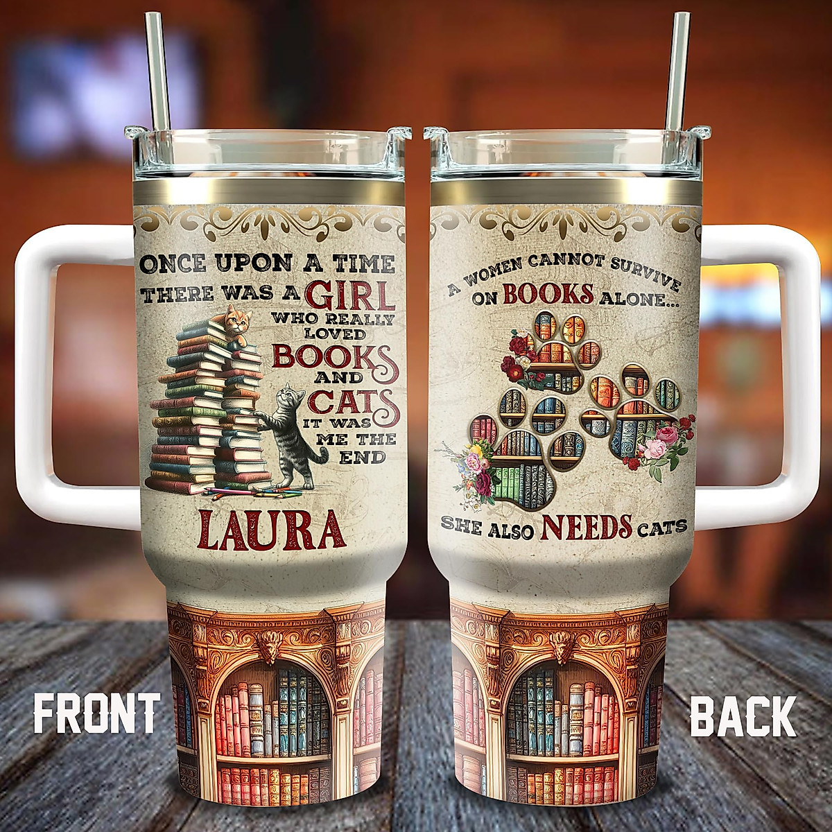 WAZONE Personalized Books and Cats Coffee Tumbler 40oz with Handle and Straw Custom Name Travel Coffee Mug Birthday Christmas Thanksgiving Gift For Librarians Cat Lovers Friends Women Girls