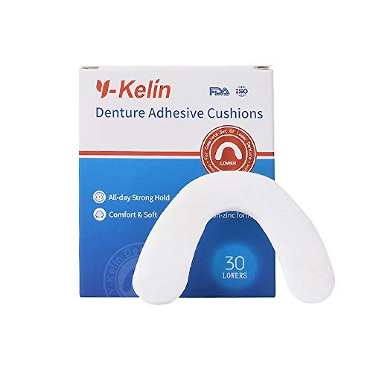 Y-Kelin Denture Adhesive Cushions Uppers & Lowers, Adhesive-Free Denture Pads for Sore Gums, 30 Pads*2 (60 Strips)