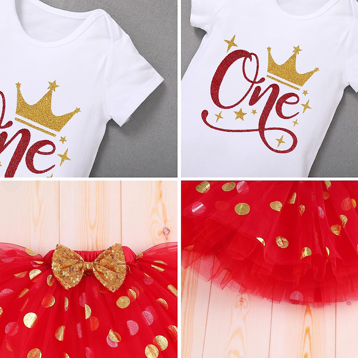 Coming Home outfit for Baby Girl - Mini Mouse Birthday Decorations for Girls 1 Year Old - Wild One Clothes Set for Kids Princess Crown Romper Dress Bowknot Headband 3pcs Outfits Red - one 1T