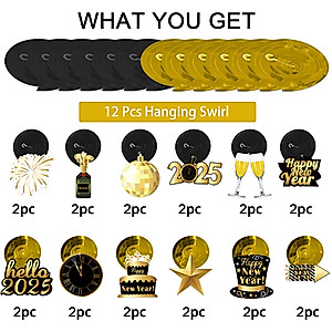 Tifeson 36 Pcs Happy New Year Decorations Hanging Swirls - Happy New Year Decorations 2025 - New Year's Eve Party Decorations Supplies 2025 for Home Office Ceiling (Black and Gold)