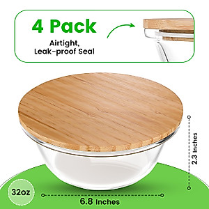 Verel Round Glass Containers with Bamboo Lids (Set of 4) Round Glass Food Storage Containers with Bamboo Lids (4 Pack, 32 Ounce), Non Toxic Eco Friendly Meal Prep with Wooden Lids