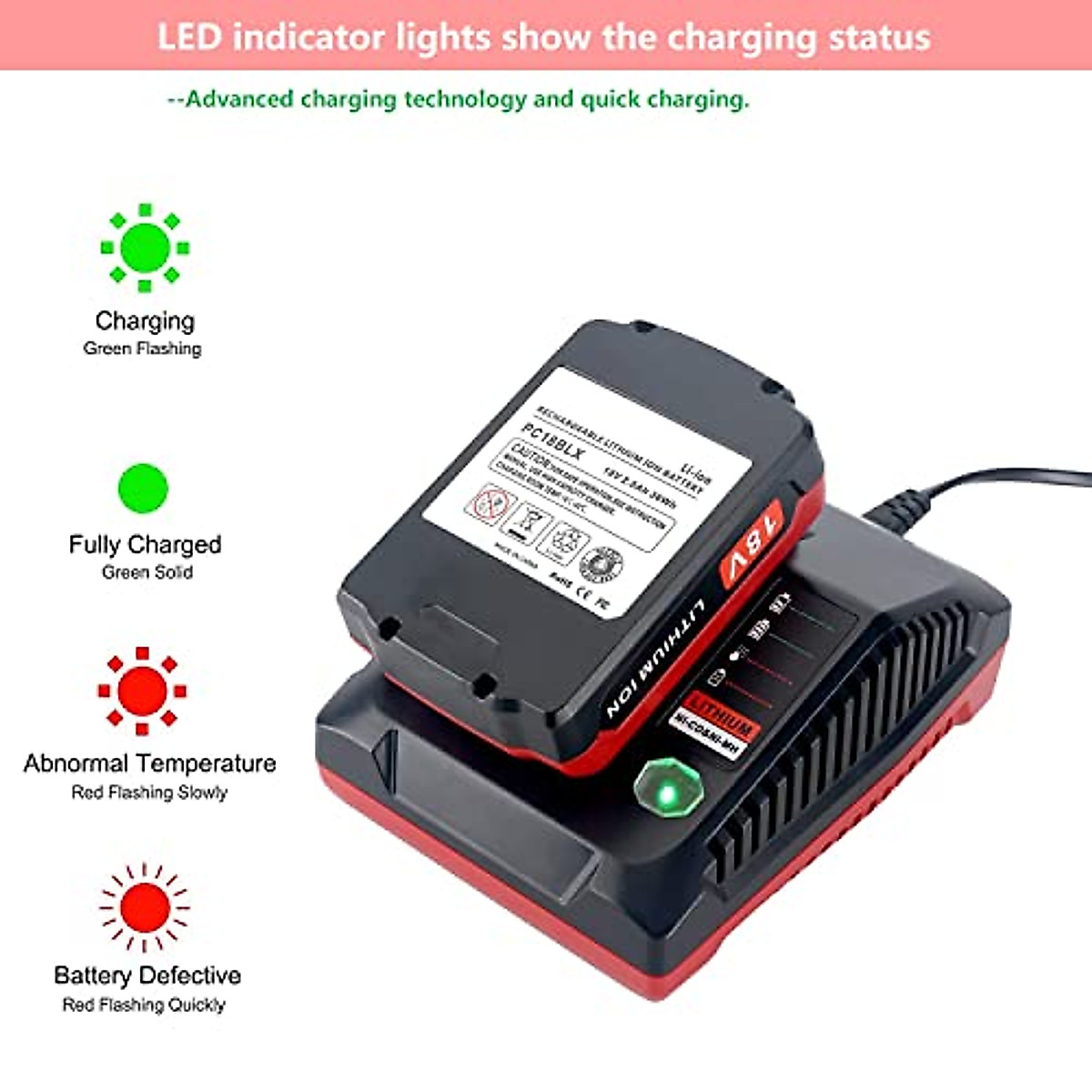 18-Volt Multi-Chemistry Battery Charger for Porter Cable PCXMVC Lithium Ion & NiCad NiMh Slide PC18B PC18B-2 PC18BL PC18BLX PCC489N Cordless Power Tool Battery