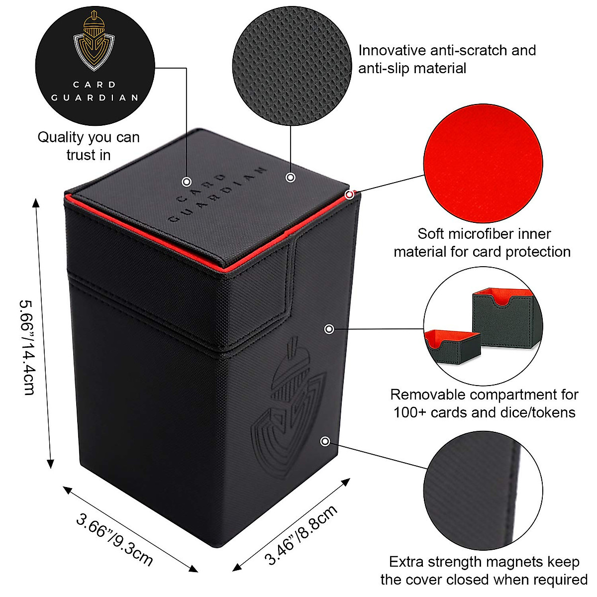 Card Guardian - Premium 100 Card Deck Box with Dice Compartment for Trading Card Games TCG (Black) Compatible with Magic the gathering (MTG), Commander Deck, Yugioh Deck Box, Sports Cards Binder