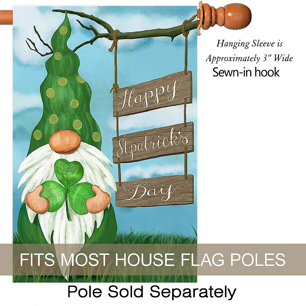 Morigins Happy St Patrick's Day Leprechaun Clover Double Sided Spring House Flag 28x40 inch