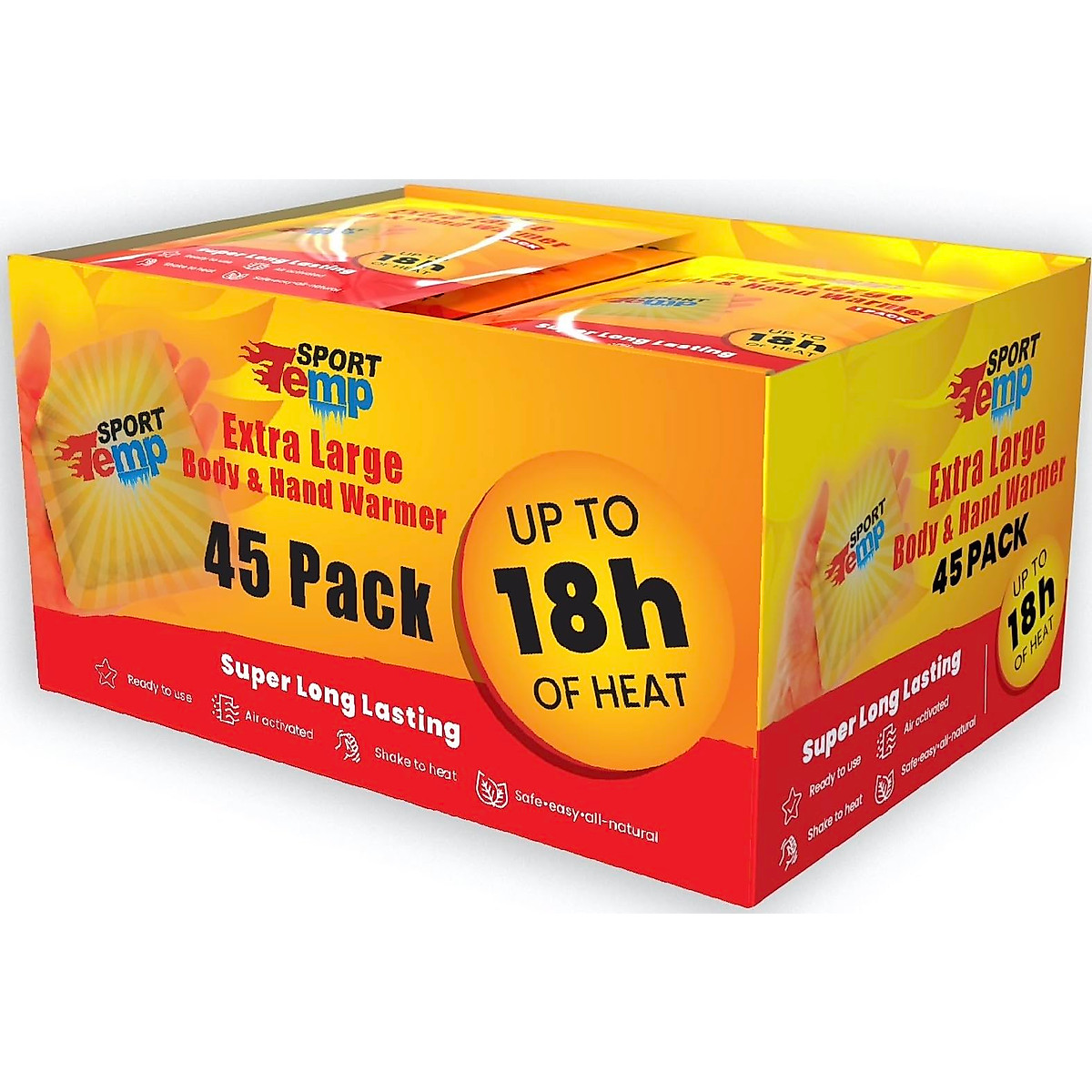 Large Hand & Body Warmers (45 Count) - Up to 18 Hours of Heat, Super Long Lasting - Easy, All Natural - Air Activated, for Body, Hands & Toes - Odorless Hot Hand Warmer - Sport Temp (45 Pack)