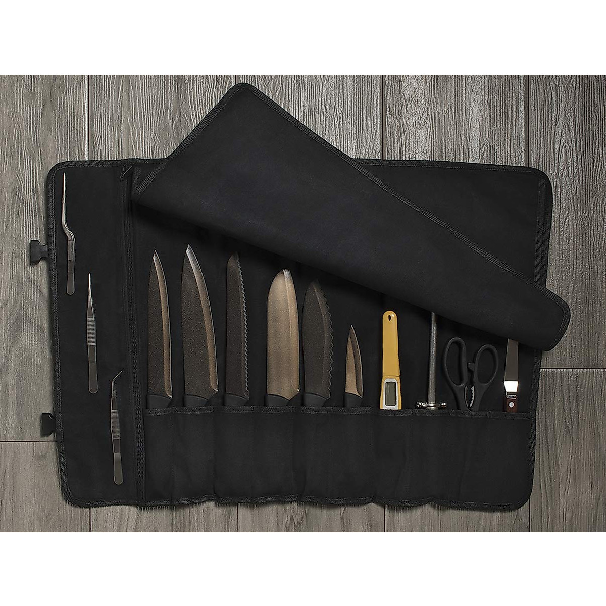 Asaya Canvas Chef Knife Roll Bag - 10 Knife Slots and a Large Zipper Pocket - Durable 10oz Canvas Knife Case with an Adjustable Shoulder Strap - Knives not Included