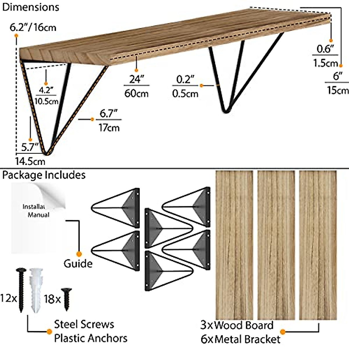 Wallniture Colmar Floating Shelves for Wall, 24 Inch Geometric Triangle Shelf Set of 3 for Living Room Décor Burned Storage Shelves with Black Shelf Brackets