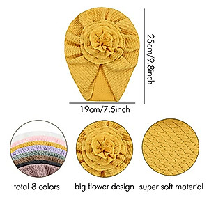 Cinaci 8 Pack Solid Striped Nursery Hospital Turban Hats with Flower Floral Caps Beanies Bonnets for Baby Girls Toddlers Infants