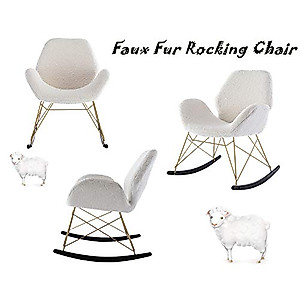White Rocking Chair Faux Fur Soft Fabric Rocker Chair for Nursery Recliner Lounge Chair Modern Indoor Armchair for Living Room Bedroom