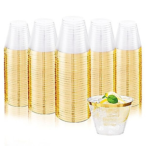 Nervure 120PCS Gold Plastic Cups - 9Oz Gold Rimmed Plastic Cups - Heavy Duty Disposable Clear Plastic Cups with Gold Rim Perfect for Weddings, Receptions & Parties