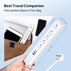 TROND Power Strip Surge Protector, Flat Plug 6ft Extension Cord, 5 Widely AC Outlets with 3 USB Ports(1 USB C), 1440J, 1250W, Wall Mount, Desktop Charging Station for Home Office Dorm Room, White