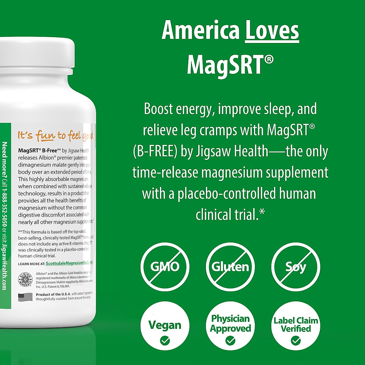 Jigsaw Health MagSRT (B-Free) | Premium, Organic, Slow Release Magnesium Supplement | Active, Bioavailable Magnesium Malate Tablets | 240 Tablets | 60 Servings
