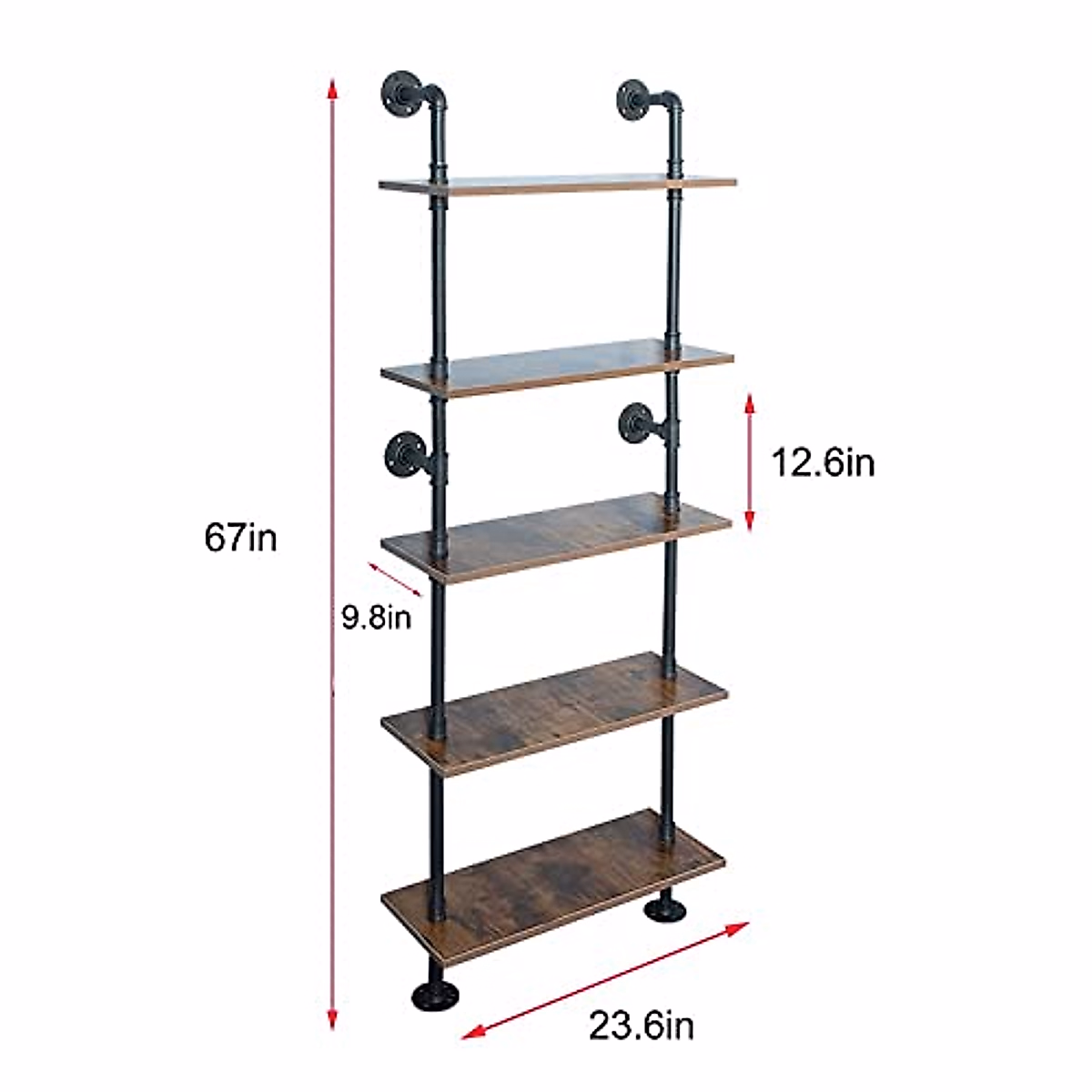 HEONITURE 5 Shelf Industrial Pipe Shelving, Black Modern Bookcase Bookshelf, Wall Mount Ladder Shelf with Metal Frame Display Selves