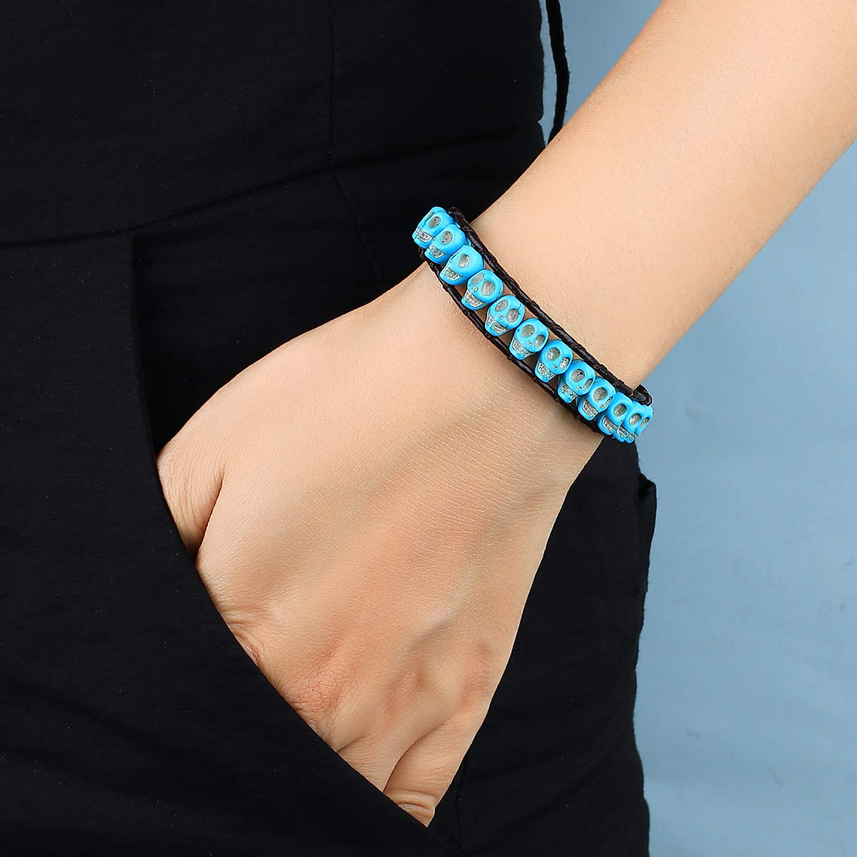 KELITCH New Turquoise Bracelets Skull Beaded Wrap Bracelet on Brown Leather Bracelets Handmade Jewelry