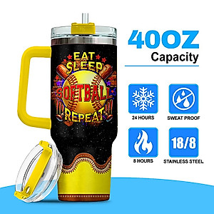 99OWL Softball Eat Sleep Repeat, Tumblers Yellow Modern Glitter Simple Red Handle Black Insulated Straws, Tumbler 40 Oz With Handle Lid And Straw, Softball Gifts