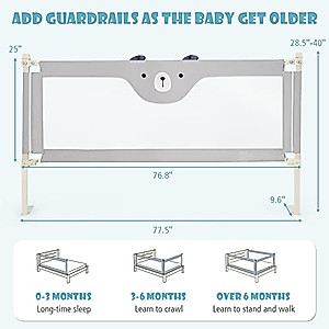 GLACER Bed Rail for Toddlers, 77” Extra Long, Height Adjustable Baby Bed Rail Guard with One-Side Lifting Design, Double Safety Locks, Safety Bed Guardrail for Kids with Side Storage Pocket (Bear)