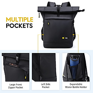 MIER Rolltop Travel Backpack for Men Women Water Resistant Carry on Casual Commuter Back Pack with Multiple Pockets for Work Business College Trip, 23L, Black