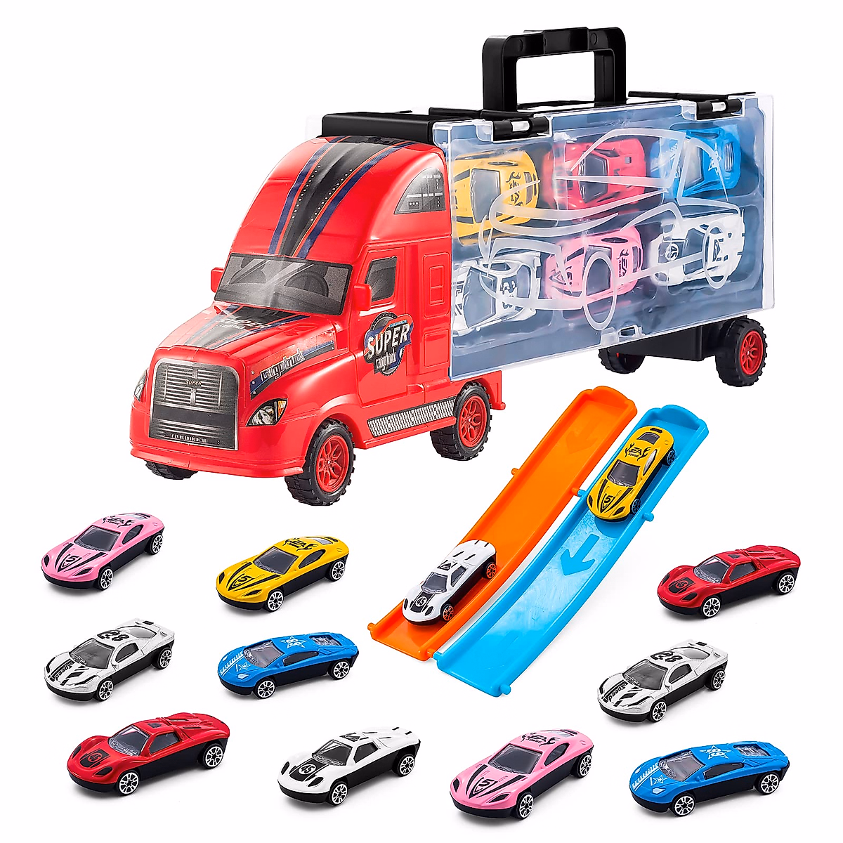 TAODUDU Toddler Toys Cars Kids Truck Transport Cars Boys Gift for Ages 3-8 Year Old,Transport Cars Carrier Set with 12 Die-cast Vehicles