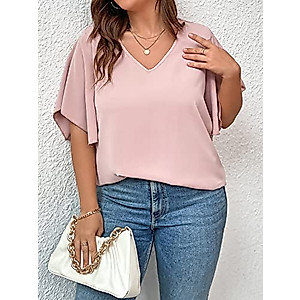 SOLY HUX Womens Plus Size Blouse Summer Tops V Neck Short Sleeve Casual Work Shirts Loose Flowy Blouses 2023 Solid Pink 3XL