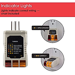 Power Gear Receptacle Tester, Standard 3-Wire, Circuit Analyzer, 110-125 VAC, 6 Visual LED Tests, ETL Listed – 50542 Gray