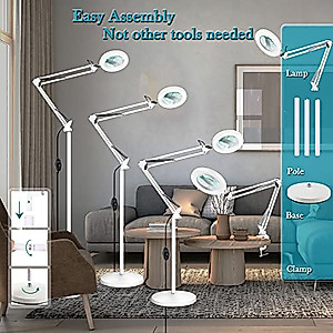 TOMSOO 4-in-1 Magnifying Glass with Light, White/Warm White Lighted Magnifier Lens - Adjustable Swivel Arm Full Spectrum LED Magnifying Floor Lamp with Clamp for Reading, Crafts, Close Work (White)