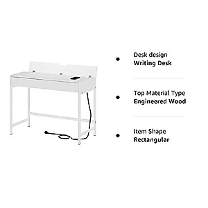 Treocho Computer Desk with USB Charging Ports and Power Outlets, Modern Simple 40 inch White Desk with 2 Drawers, Vanity Desk, Makeup Table for Home Office, Bedroom
