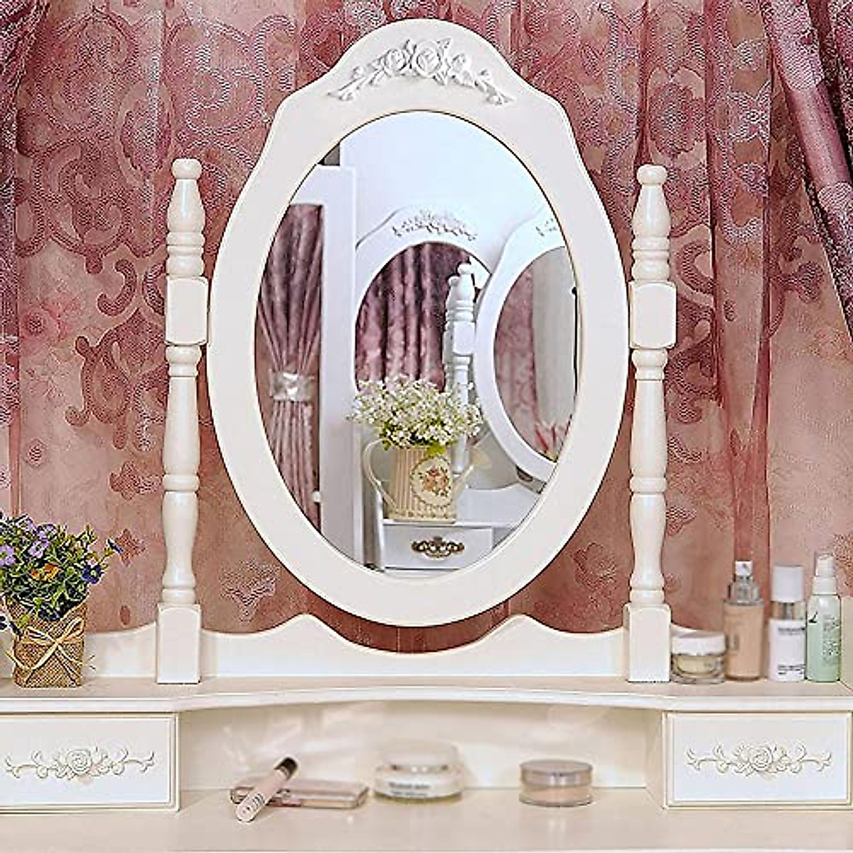 JXMS Makeup Mirror Desk Chair 3Pc Vanity Desk Set Makeup Storage Organizer Computer Desk Dresser with Cushioned Stool for Bedroom Swivel Mirror Modern Vanity 4 Drawers -White Without Lights