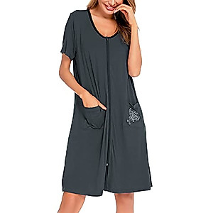 SWOMOG Women Zipper Front House Coat Short House Dress Duster Lightweight Nightwear Summer Bathrobe Knee Length Sleepwear with Pockets