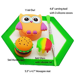 Vitakiwi Wax Silicone Carving Kit with 5ml 6ml 11ml Owl Hamburger Glass Concentrate Container and Carving Tool (Green)