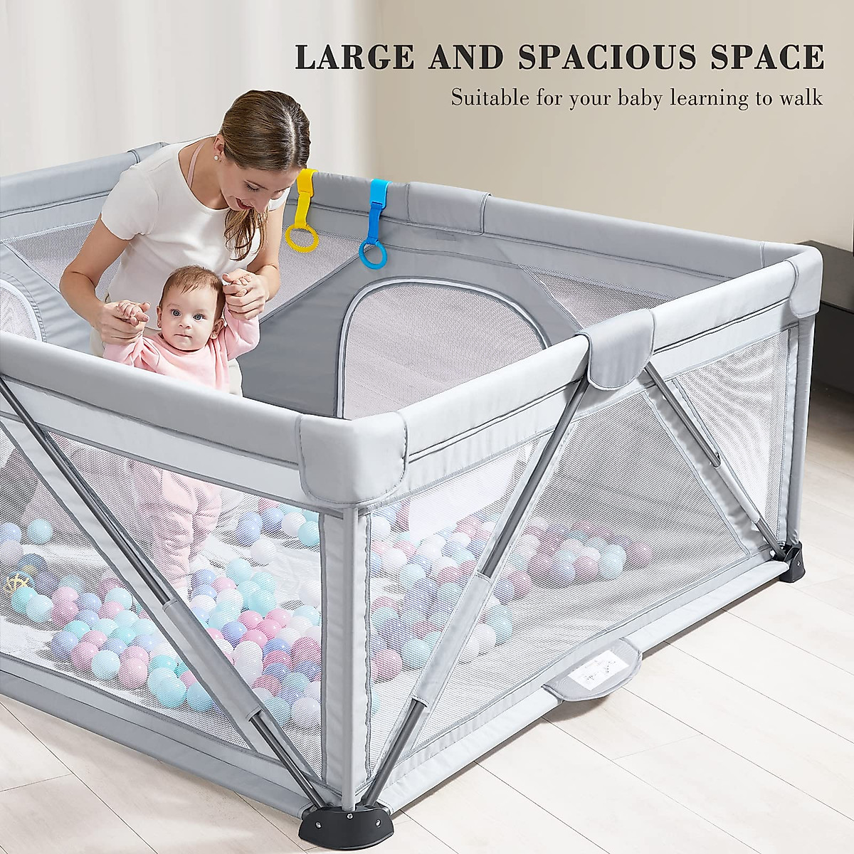 ANGELBLISS Baby Playpen, Foldable Playpen for Babies and Toddlers, Indoor & Outdoor Baby Activity Center with Visible Breathable Mesh, Portable Play Yard with 2 Handlers+50 Balls-59”×71”（Grey）