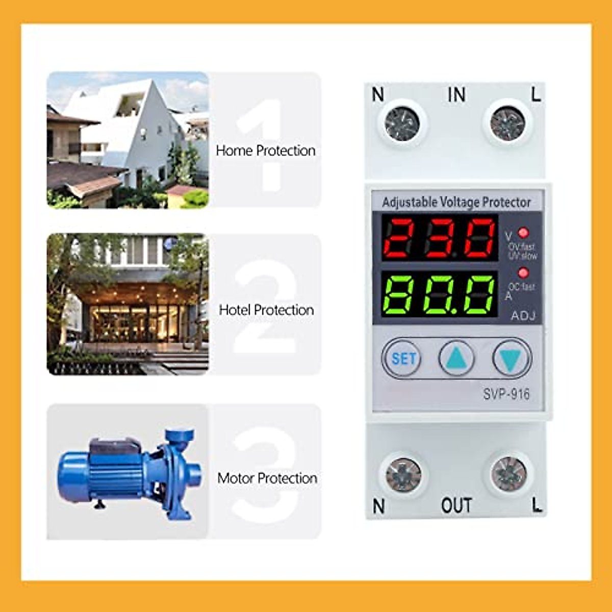 SVP‑916 100‑130VAC Adjustable Over and Under Voltage Protector Plastic Delay Reset Protector Voltage Protective Device(40A)