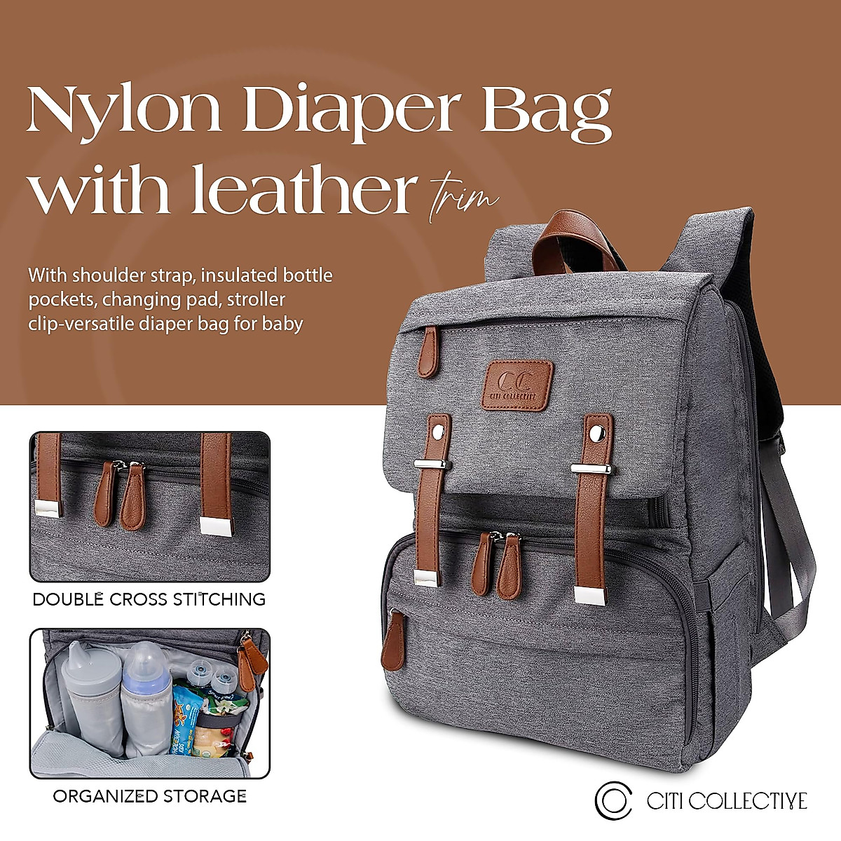 Citi Collective Nomad Grey Diaper Bag Backpack -Premium Vegan Leather- Compact Spacious Design With Insulated Pockets and Stroller Clips