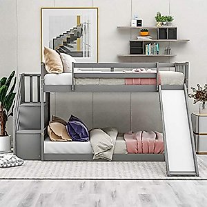 Merax Twin Over Twin Bunk Bed with Slide and for Storage Staircase for Teens, Boys or Girls, No Box Sping Needed