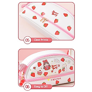 JHTPSLR Large Kawaii Pencil Pouch Cute Preppy Pencil Pouch Bowknot Strawberry Bear Love Hearts Aesthetic Pencil Case PU Waterproof Pen Bags Stationery Storage Organizer Supplies (White Strawberry)