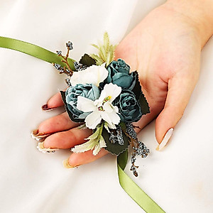 Yean Rose Bride Wedding Wrist Corsage Bridal Hand Flowers Wristlet Bridesmaid Ribbon Corsages Accessories for Women and Girls (Blue)